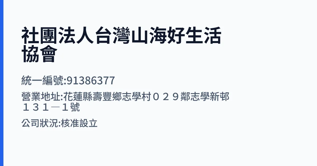 社團法人台灣山海好生活協會 - 統編 91386377(花蓮縣) 公司登記資料與營業項目詳細圖表