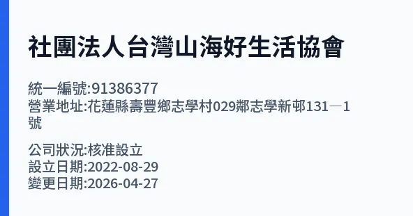 社團法人台灣山海好生活協會的照片-統編 91386377(花蓮縣) 公司登記資料與營業項目詳細圖表