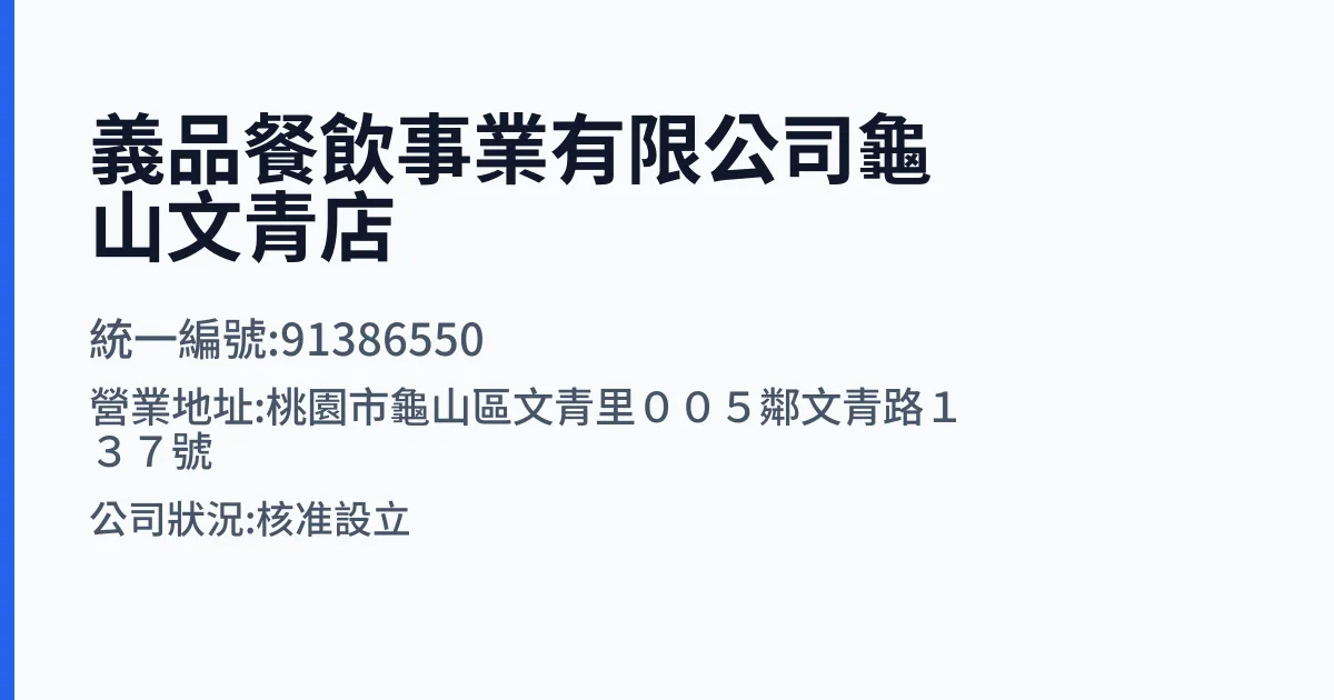 義品餐飲事業有限公司龜山文青店 - 統編 91386550(桃園市) 公司登記資料與營業項目詳細圖表