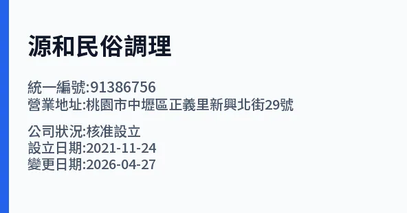 源和民俗調理的照片-統編 91386756(桃園市) 公司登記資料與營業項目詳細圖表