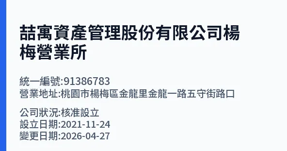喆寓資產管理股份有限公司楊梅營業所的照片-統編 91386783(桃園市) 公司登記資料與營業項目詳細圖表