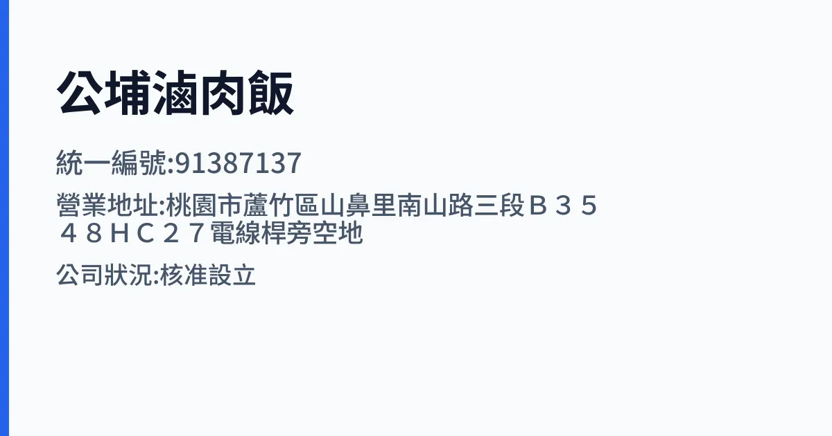 公埔滷肉飯 - 統編 91387137(桃園市) 公司登記資料與營業項目詳細圖表