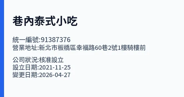 巷內泰式小吃的照片-統編 91387376(新北市) 公司登記資料與營業項目詳細圖表
