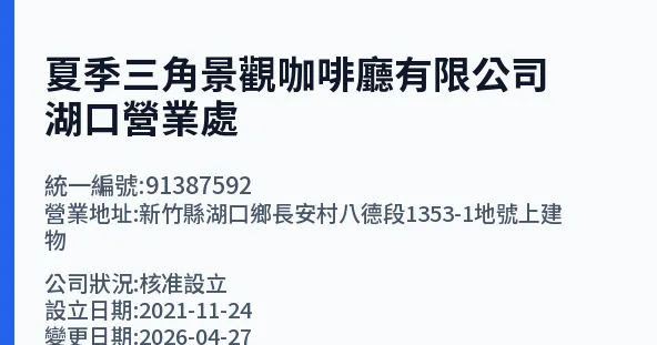 夏季三角景觀咖啡廳有限公司湖口營業處的照片-統編 91387592(新竹縣) 公司登記資料與營業項目詳細圖表