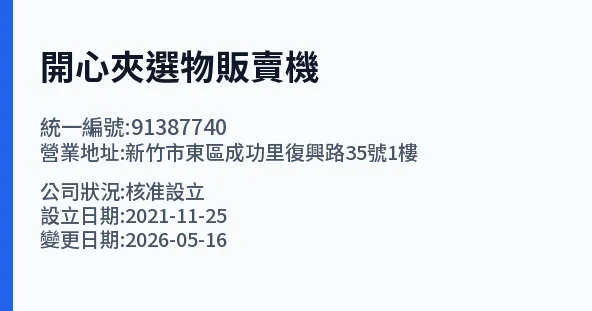 開心夾選物販賣機的照片-統編 91387740(新竹市) 公司登記資料與營業項目詳細圖表