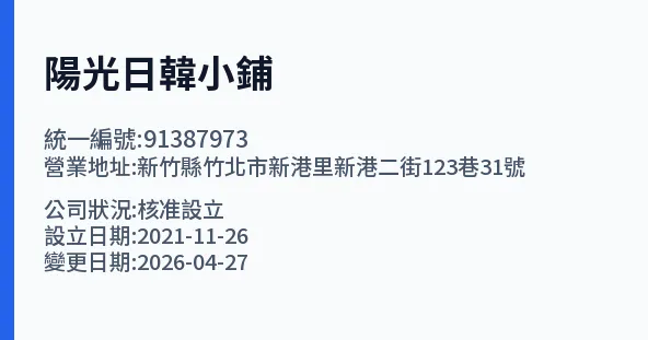 陽光日韓小鋪的照片-統編 91387973(新竹縣) 公司登記資料與營業項目詳細圖表