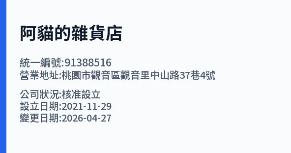 阿貓的雜貨店的照片-統編 91388516(桃園市) 公司登記資料與營業項目詳細圖表