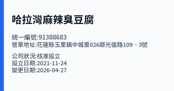 哈拉灣麻辣臭豆腐的照片-統編 91388683(花蓮縣) 公司登記資料與營業項目詳細圖表