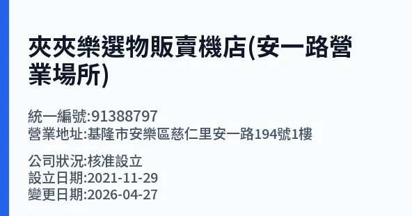 夾夾樂選物販賣機店(安一路營業場所)的照片-統編 91388797(基隆市) 公司登記資料與營業項目詳細圖表