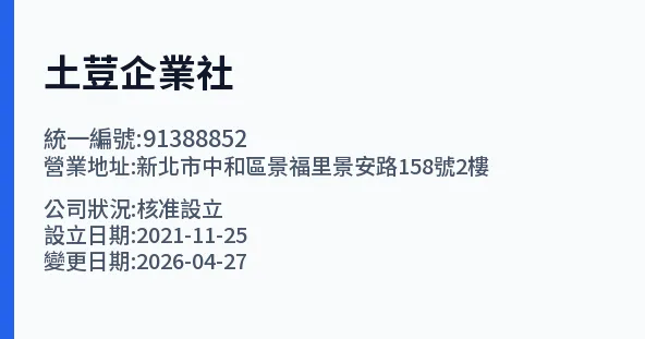 土荳企業社的照片-統編 91388852(新北市) 公司登記資料與營業項目詳細圖表