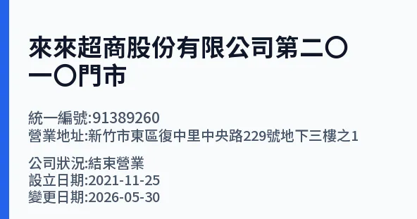 來來超商股份有限公司第二〇一〇門市的照片-統編 91389260(新竹市) 公司登記資料與營業項目詳細圖表
