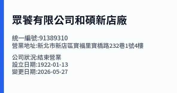 眾饕有限公司和碩新店廠的照片-統編 91389310(新北市) 公司登記資料與營業項目詳細圖表