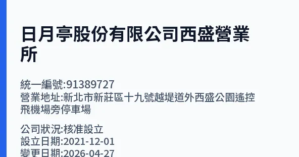 日月亭股份有限公司西盛營業所的照片-統編 91389727(新北市) 公司登記資料與營業項目詳細圖表