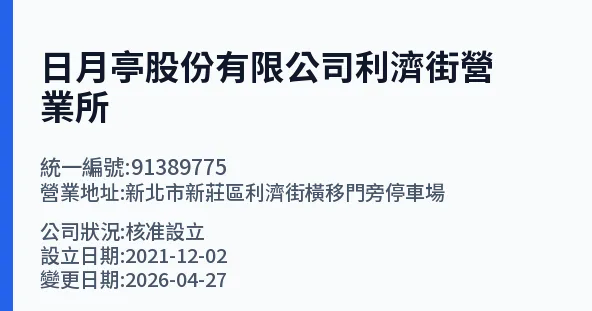 日月亭股份有限公司利濟街營業所的照片-統編 91389775(新北市) 公司登記資料與營業項目詳細圖表