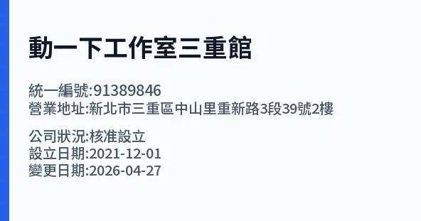 動一下工作室三重館的照片-統編 91389846(新北市) 公司登記資料與營業項目詳細圖表