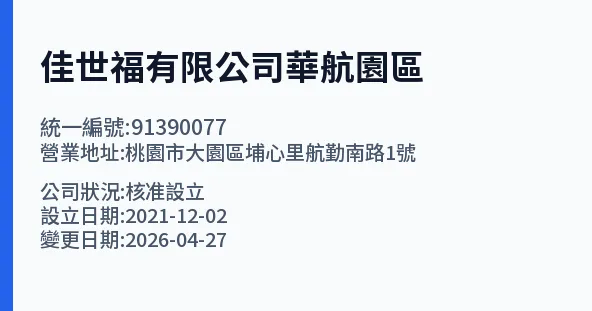 佳世福有限公司華航園區的照片-統編 91390077(桃園市) 公司登記資料與營業項目詳細圖表