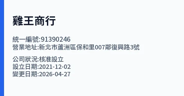 雞王商行的照片-統編 91390246(新北市) 公司登記資料與營業項目詳細圖表