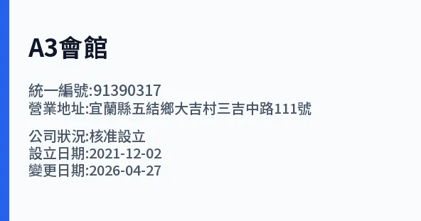 A3會館的照片-統編 91390317(宜蘭縣) 公司登記資料與營業項目詳細圖表