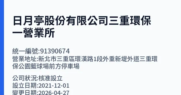 日月亭股份有限公司三重環保一營業所的照片-統編 91390674(新北市) 公司登記資料與營業項目詳細圖表