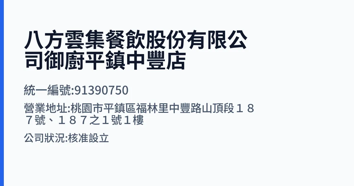 八方雲集餐飲股份有限公司御廚平鎮中豐店 - 統編 91390750(桃園市) 公司登記資料與營業項目詳細圖表