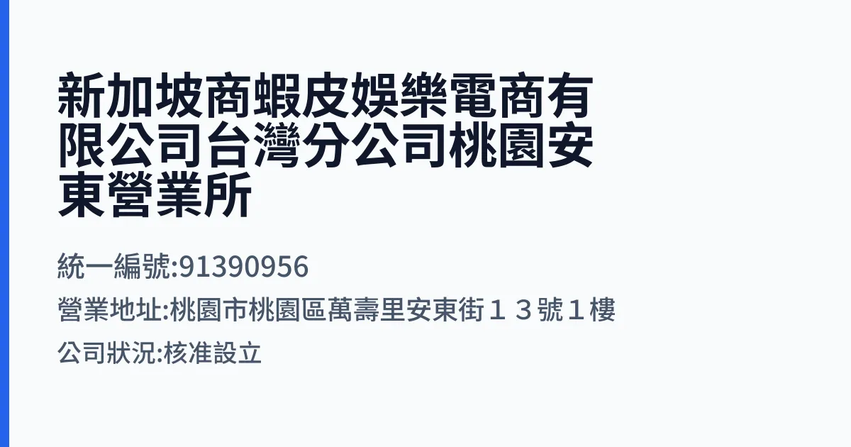 新加坡商蝦皮娛樂電商有限公司台灣分公司桃園安東營業所 - 統編 91390956(桃園市) 公司登記資料與營業項目詳細圖表