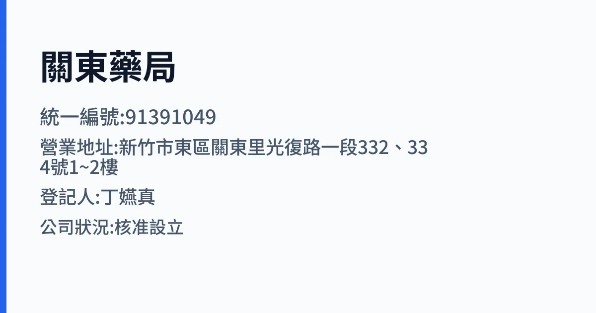 關東藥局 - 統編 91391049(新竹市) 公司登記資料與營業項目詳細圖表