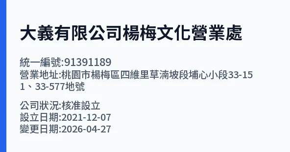 大義有限公司楊梅文化營業處的照片-統編 91391189(桃園市) 公司登記資料與營業項目詳細圖表