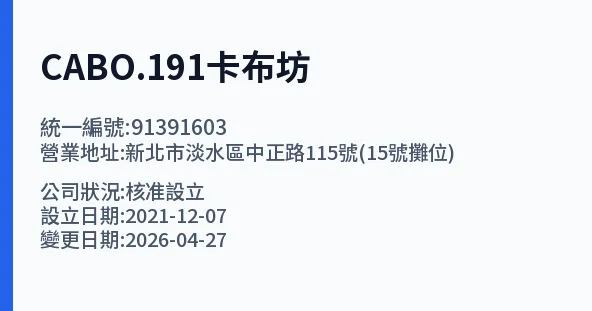 CABO.191卡布坊的照片-統編 91391603(新北市) 公司登記資料與營業項目詳細圖表
