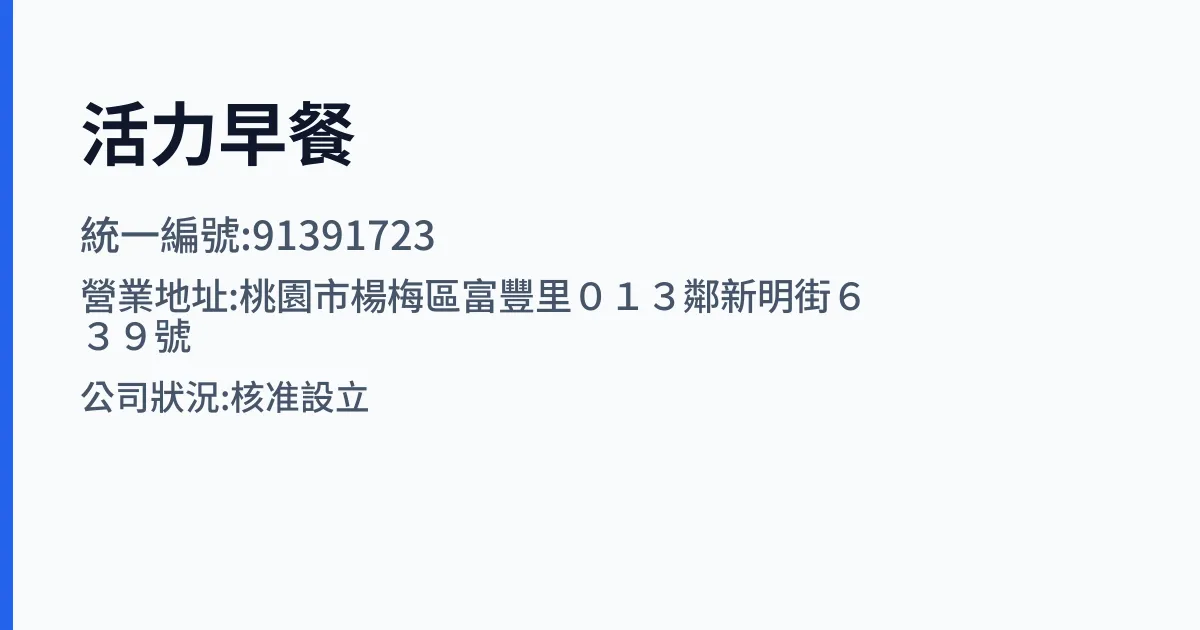 活力早餐 - 統編 91391723(桃園市) 公司登記資料與營業項目詳細圖表