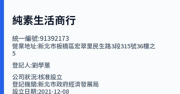 純素生活商行的照片-統編 91392173(新北市) 公司登記資料與營業項目詳細圖表