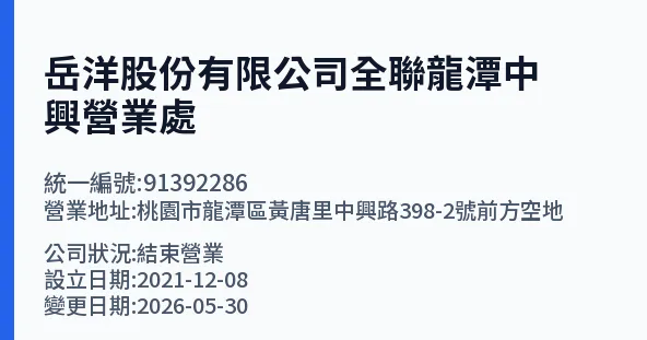岳洋股份有限公司全聯龍潭中興營業處的照片-統編 91392286(桃園市) 公司登記資料與營業項目詳細圖表