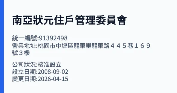 南亞狀元住戶管理委員會的照片-統編 91392498(桃園市) 公司登記資料與營業項目詳細圖表