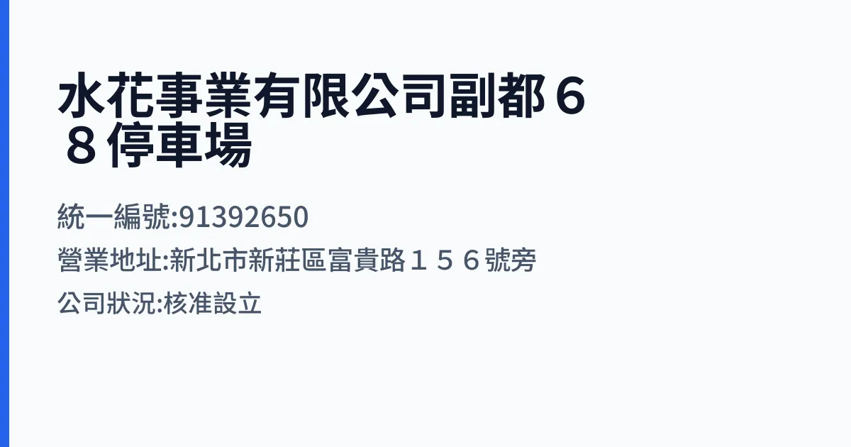 水花事業有限公司副都68停車場 - 統編 91392650(新北市) 公司登記資料與營業項目詳細圖表