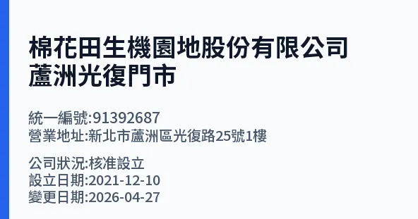 棉花田生機園地股份有限公司蘆洲光復門市的照片-統編 91392687(新北市) 公司登記資料與營業項目詳細圖表