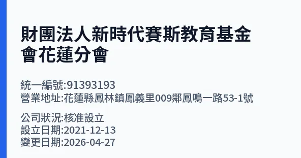 財團法人新時代賽斯教育基金會花蓮分會的照片-統編 91393193(花蓮縣) 公司登記資料與營業項目詳細圖表