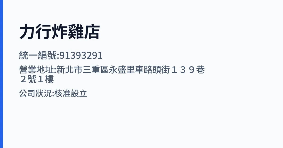 力行炸雞店 - 統編 91393291(新北市) 公司登記資料與營業項目詳細圖表