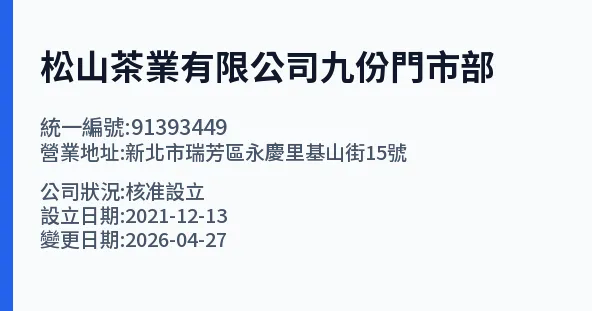 松山茶業有限公司九份門市部的照片-統編 91393449(新北市) 公司登記資料與營業項目詳細圖表
