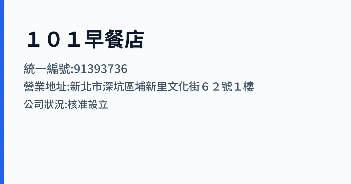 １０１早餐店 - 統編 91393736(新北市) 公司登記資料與營業項目詳細圖表