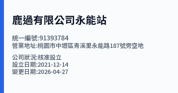 鹿過有限公司永能站的照片-統編 91393784(桃園市) 公司登記資料與營業項目詳細圖表