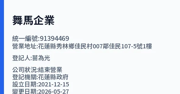 舞馬企業的照片-統編 91394469(花蓮縣) 公司登記資料與營業項目詳細圖表
