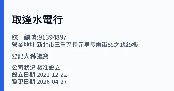 取逢水電行的照片-統編 91394897(新北市) 公司登記資料與營業項目詳細圖表