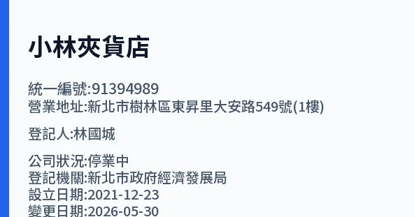 小林夾貨店的照片-統編 91394989(新北市) 公司登記資料與營業項目詳細圖表