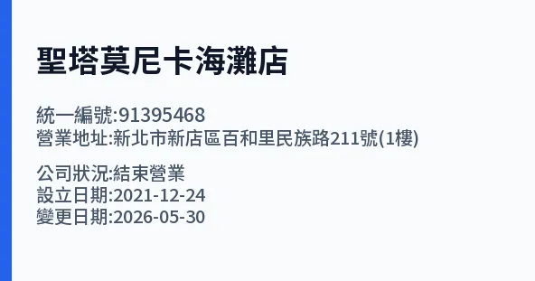 聖塔莫尼卡海灘店的照片-統編 91395468(新北市) 公司登記資料與營業項目詳細圖表