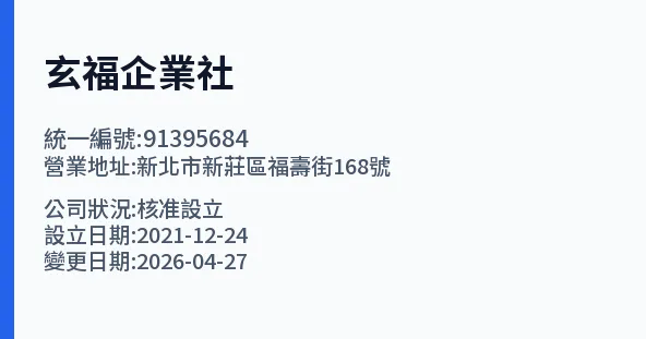 玄福企業社的照片-統編 91395684(新北市) 公司登記資料與營業項目詳細圖表
