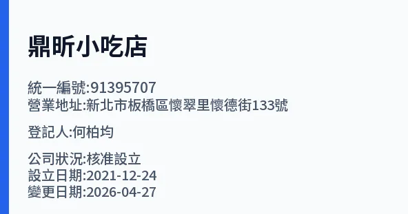 鼎昕小吃店的照片-統編 91395707(新北市) 公司登記資料與營業項目詳細圖表