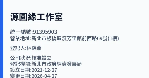 源圓緣工作室的照片-統編 91395903(新北市) 公司登記資料與營業項目詳細圖表
