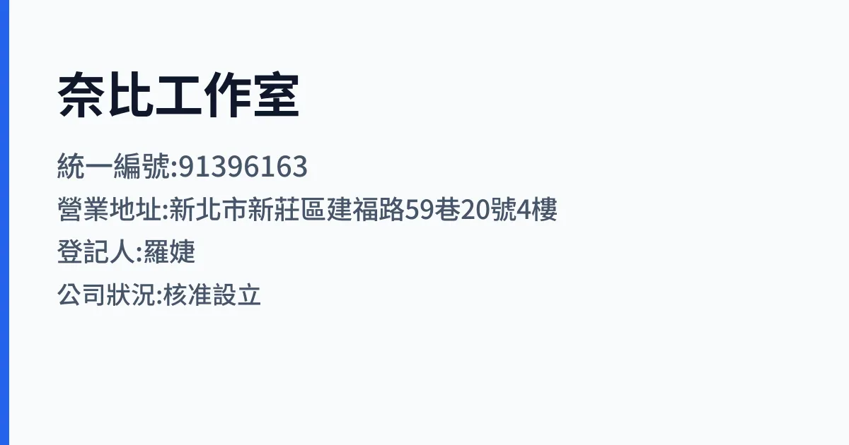 奈比工作室 - 統編 91396163(新北市) 公司登記資料與營業項目詳細圖表