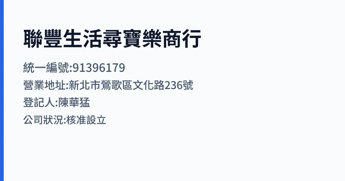 聯豐生活尋寶樂商行 - 統編 91396179(新北市) 公司登記資料與營業項目詳細圖表