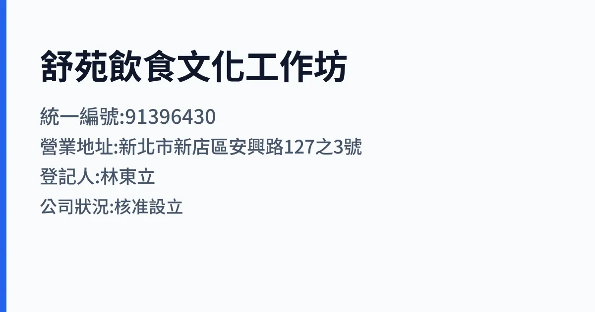 舒苑飲食文化工作坊 - 統編 91396430 (新北市) 公司登記資料與營業項目詳細圖表