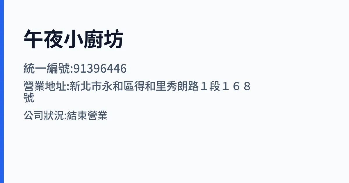 午夜小廚坊 - 統編 91396446(新北市) 公司登記資料與營業項目詳細圖表